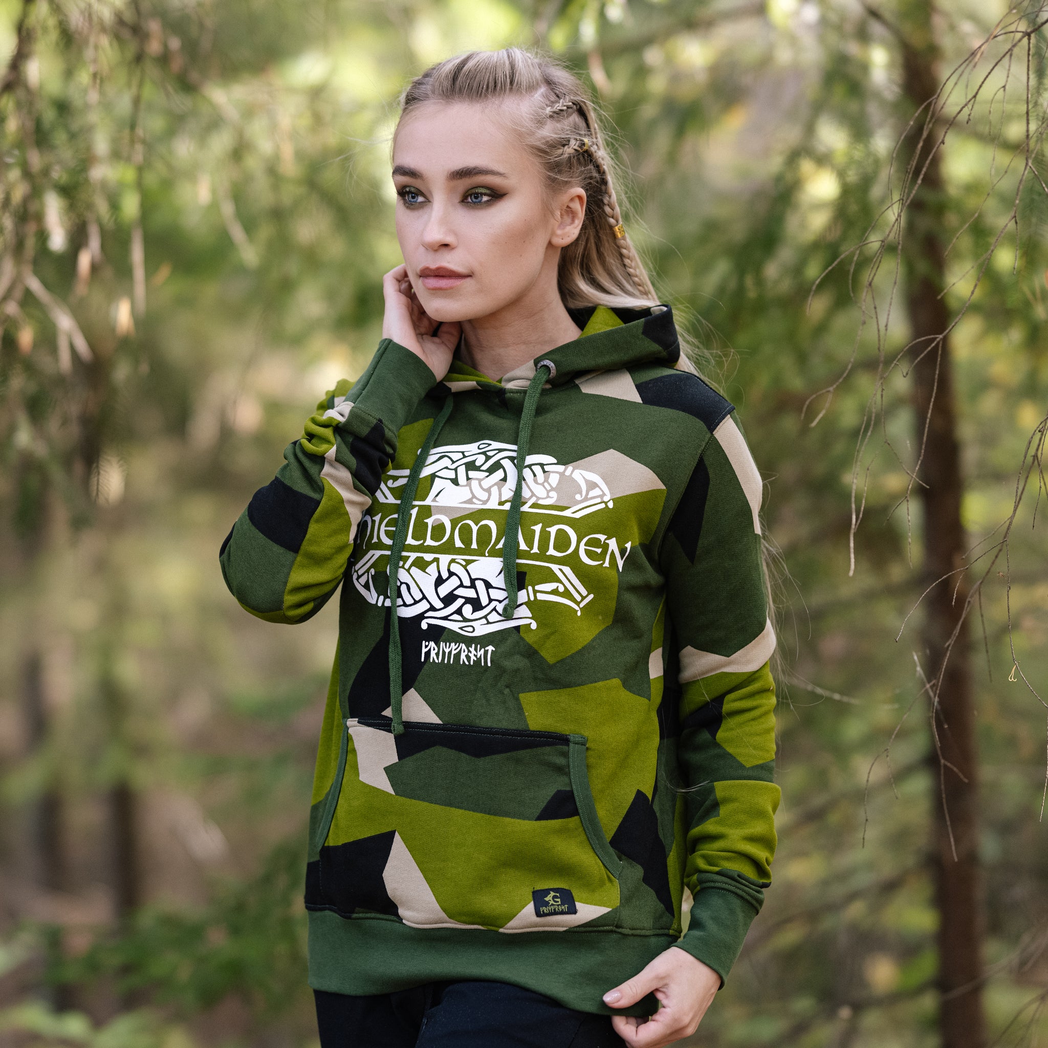 Women's Premium Hoodie, Shieldmaiden, M90 Green Camo – Grimfrost