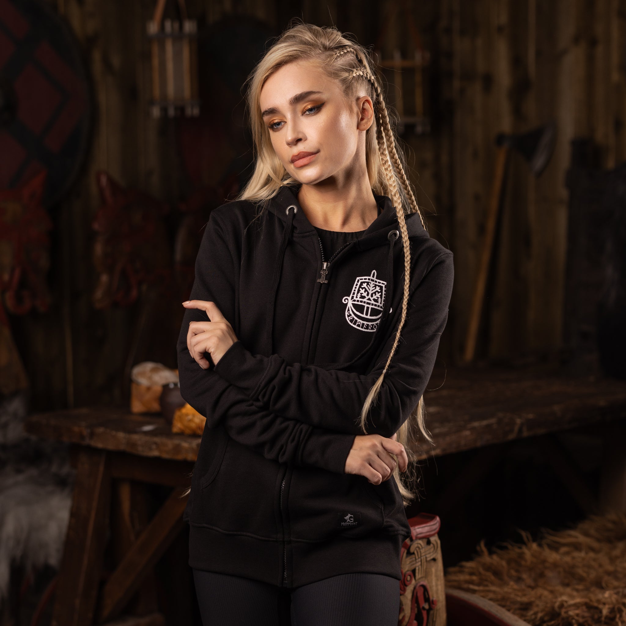 Women's Premium Zoodie, Runic Ship, Black – Grimfrost