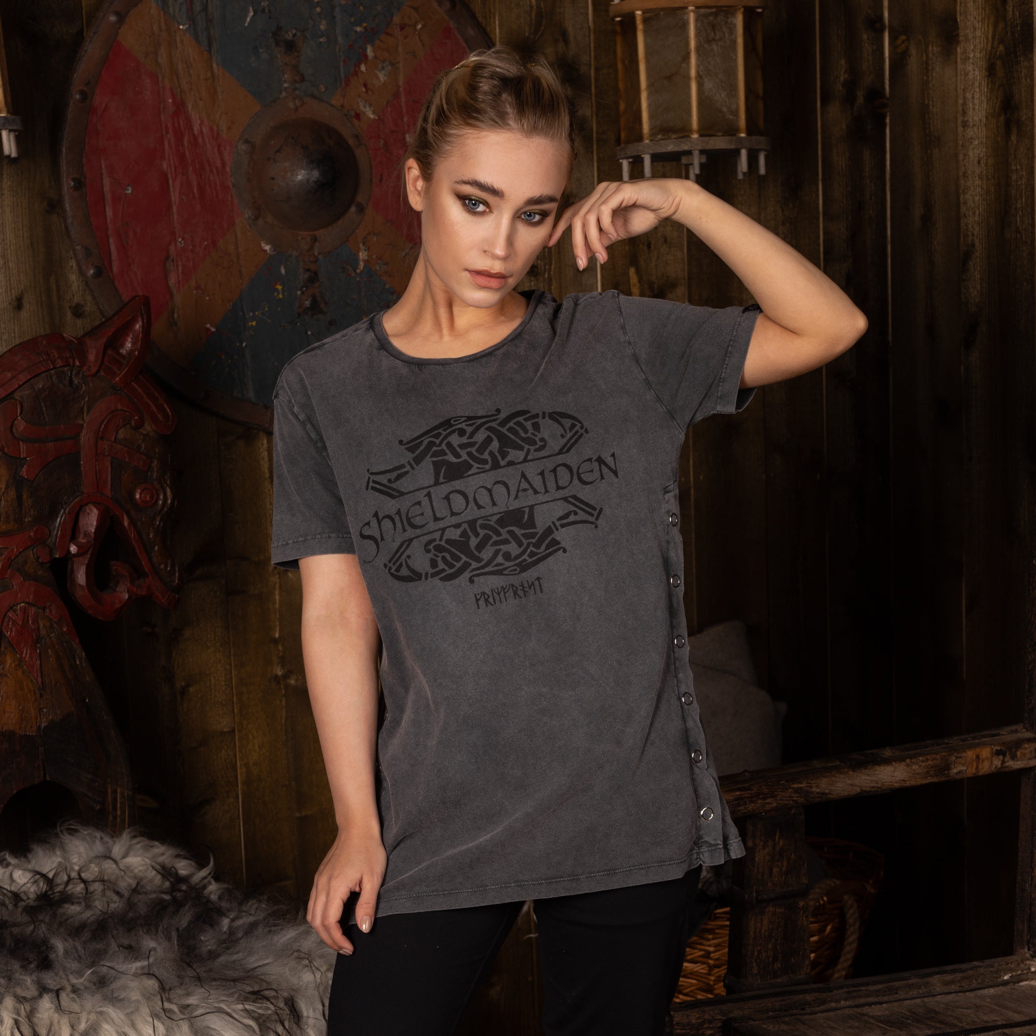 Women's Side Snap Tee, Shieldmaiden, Washed Grey – Grimfrost